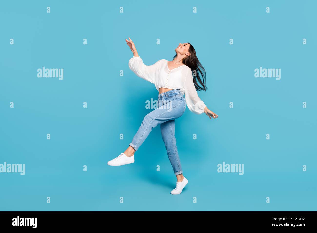 Full body portrait of adorable cheerful lady enjoy chilling dance ...