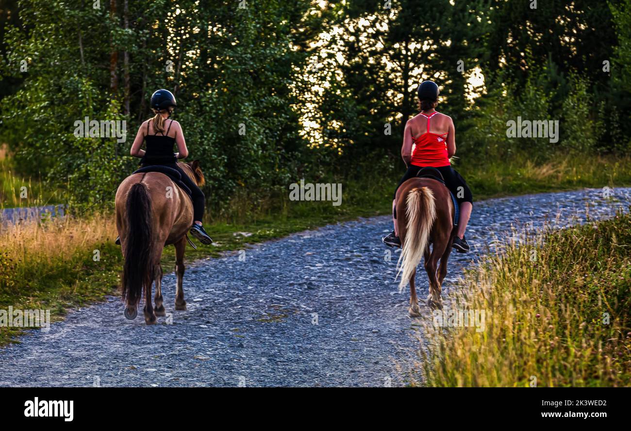 A back view of two people riding horses Stock Photo - Alamy