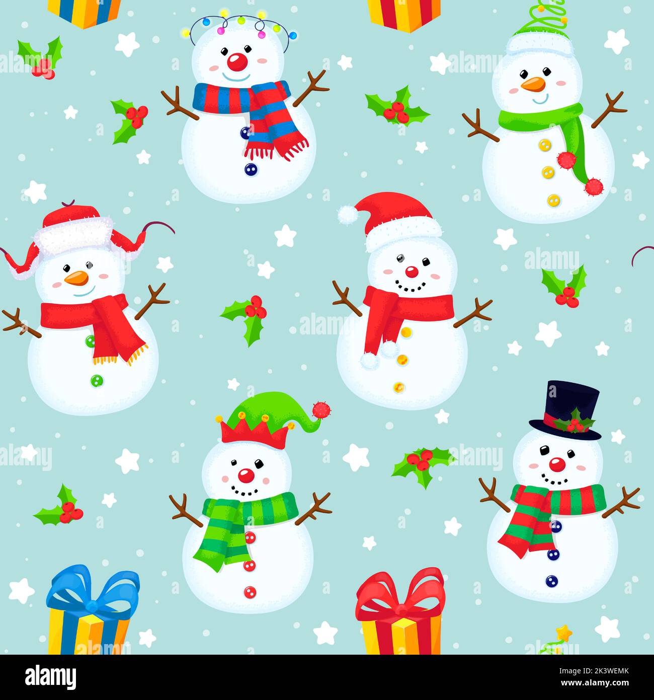 Christmas seamless pattern with snowmen and holly. Colorful winter backdrop with stars and snow ...