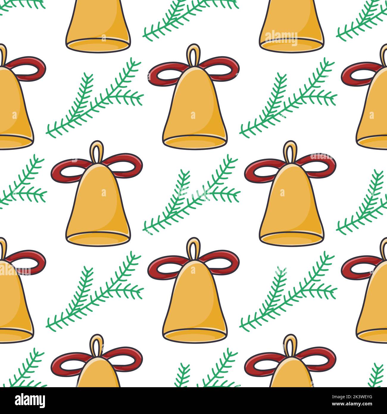 Bells and fir branches cartoon seamless pattern. Festive Christmas ...