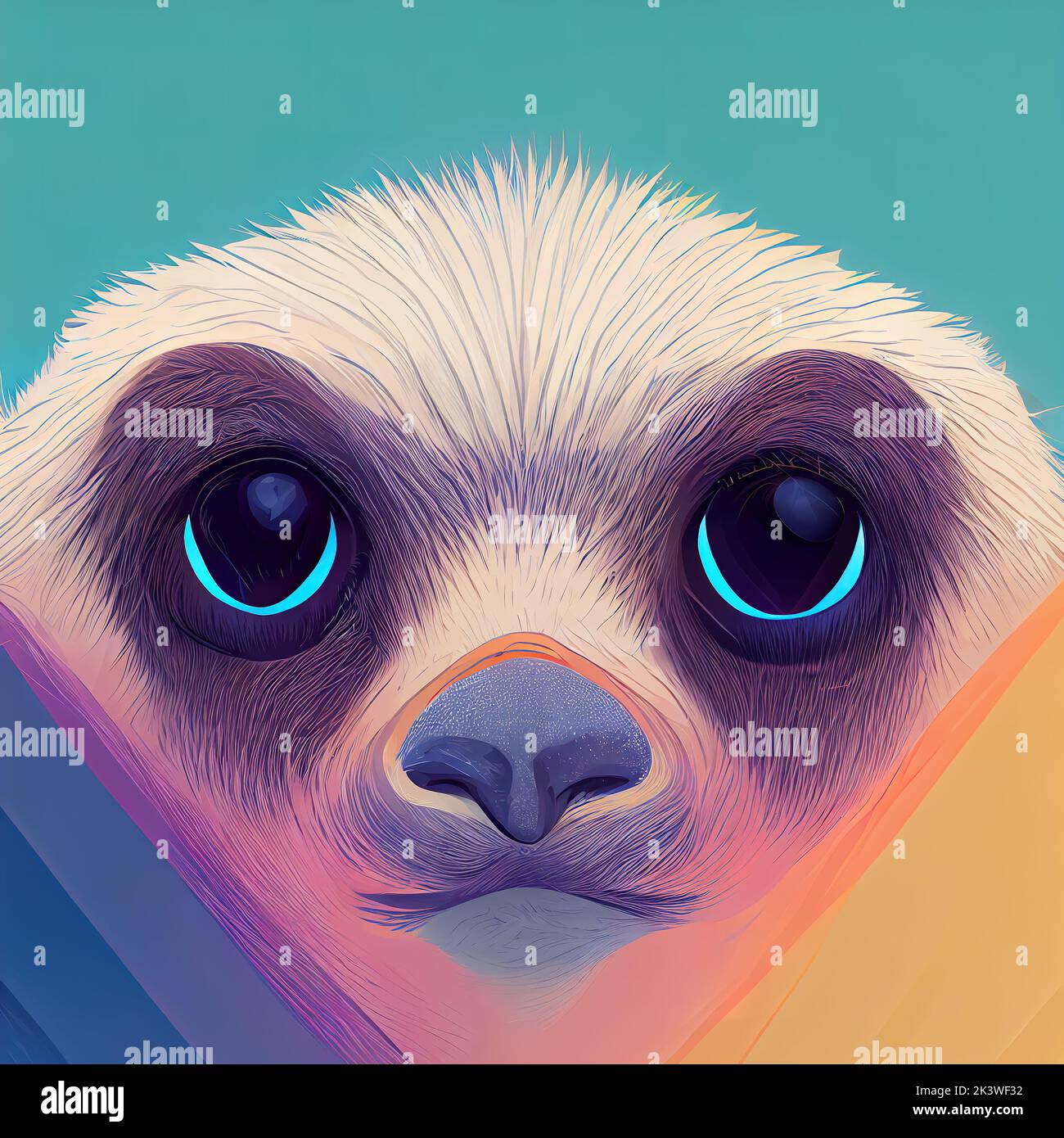 Cute sloth face. Closeup cute colorful sloth portrait. Digital ...