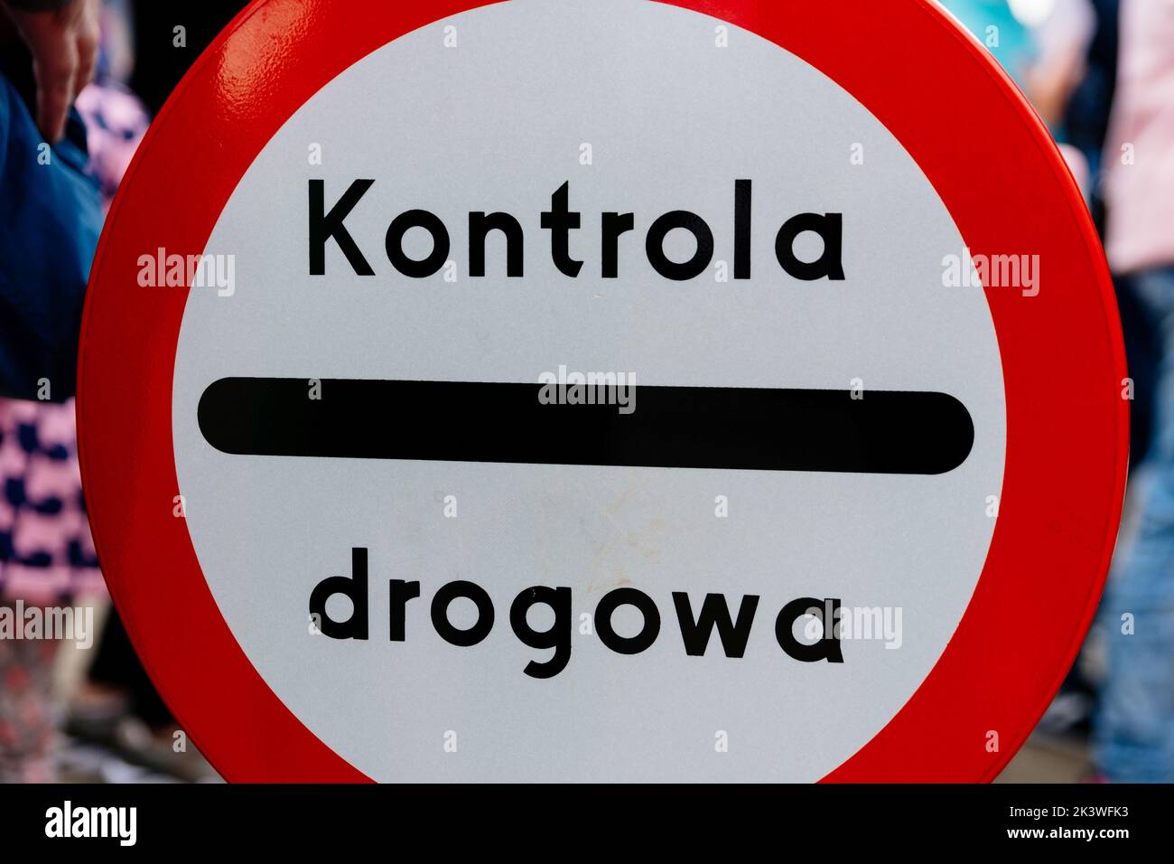 Road control road sign in Polish langualge. Police sign Stock Photo - Alamy