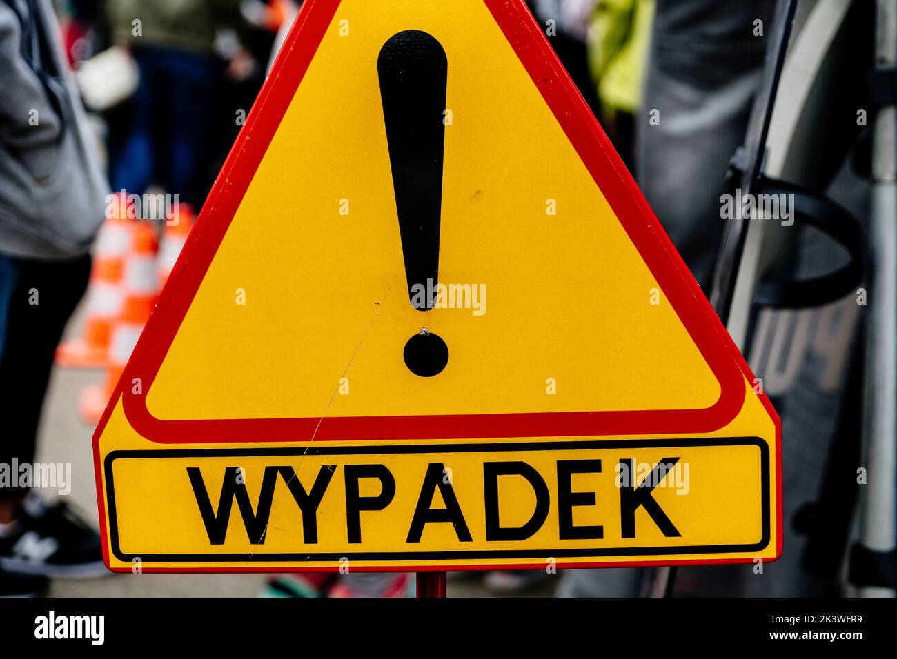 Road sign denoting an accident in Polish. Police road sign Stock Photo ...