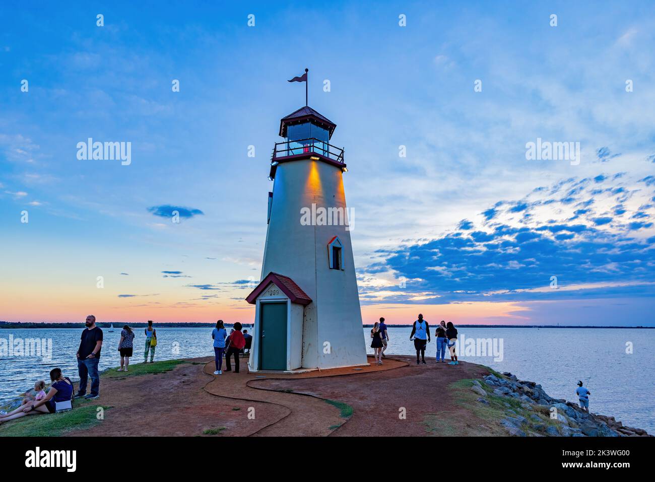 Oklahoma, AUG 27 2022 - Sunset view of the lighthouse in Lake Hefner ...
