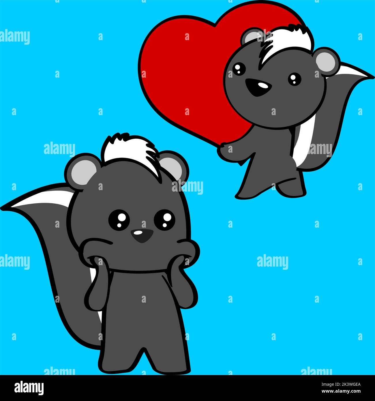 cute chibi skunk cartoon surprised expression and holding red heart ...