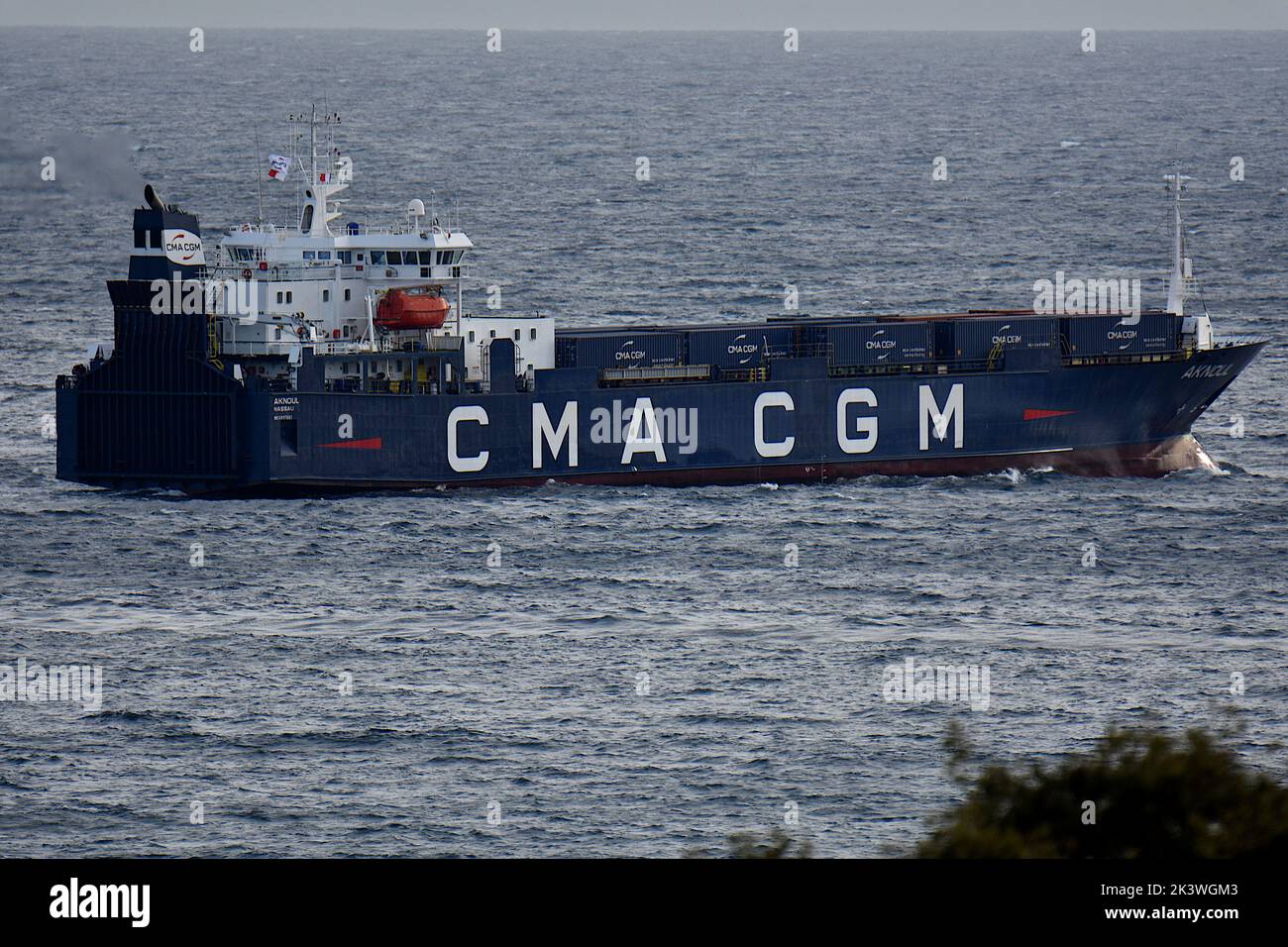 General view of the Aknoul leaving Marseille. Ro-ro ship chartered by ...