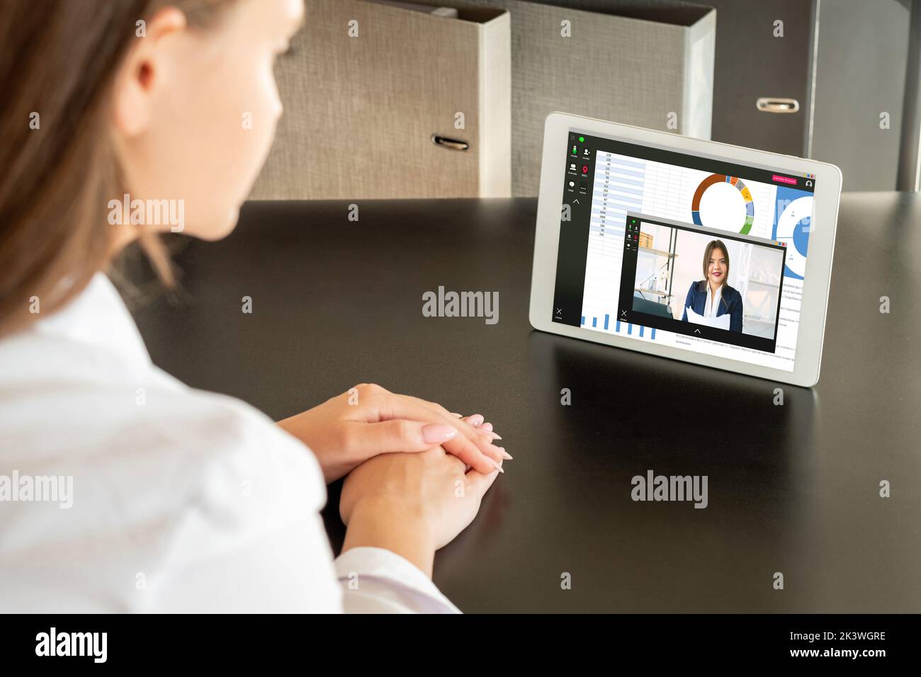 Web chat. Distance education. Online learning. Pandemic WFH. Female ...