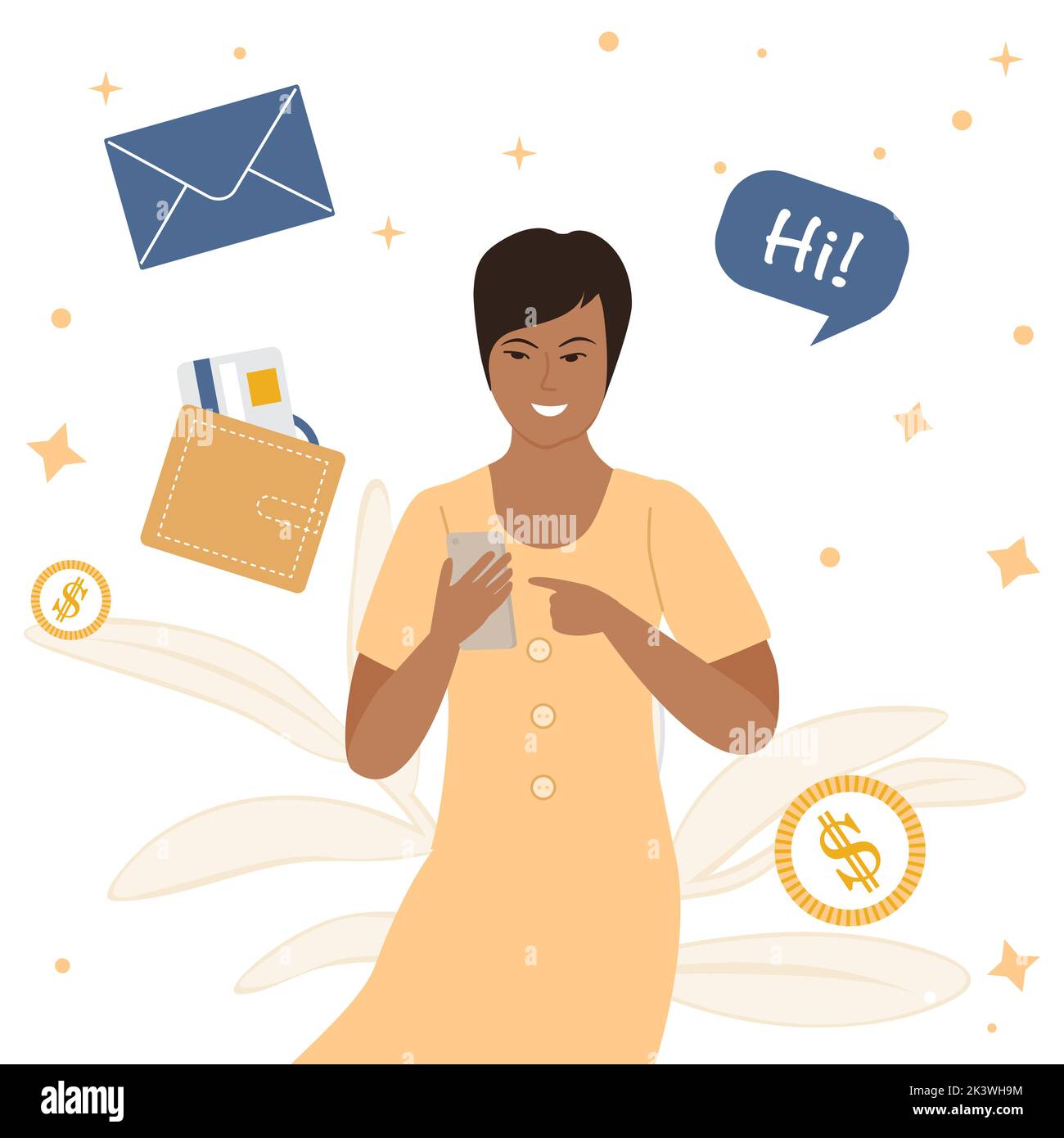 Vector illustration Woman using app for communication, payment on cell ...