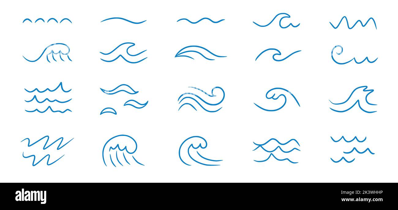 Wave sea line doodle icon set. Hand drawn sketch water wave outline ...