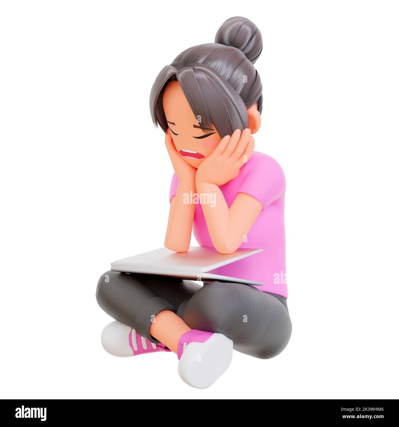 A 3d rendering illustration of a sad, cute girl sitting crossed legs ...