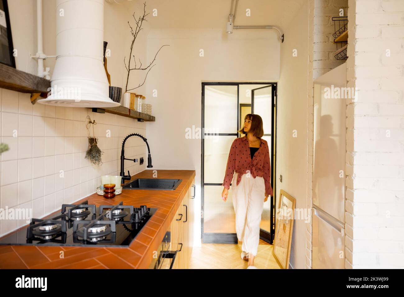 Modern kitchen interior with female person Stock Photo - Alamy