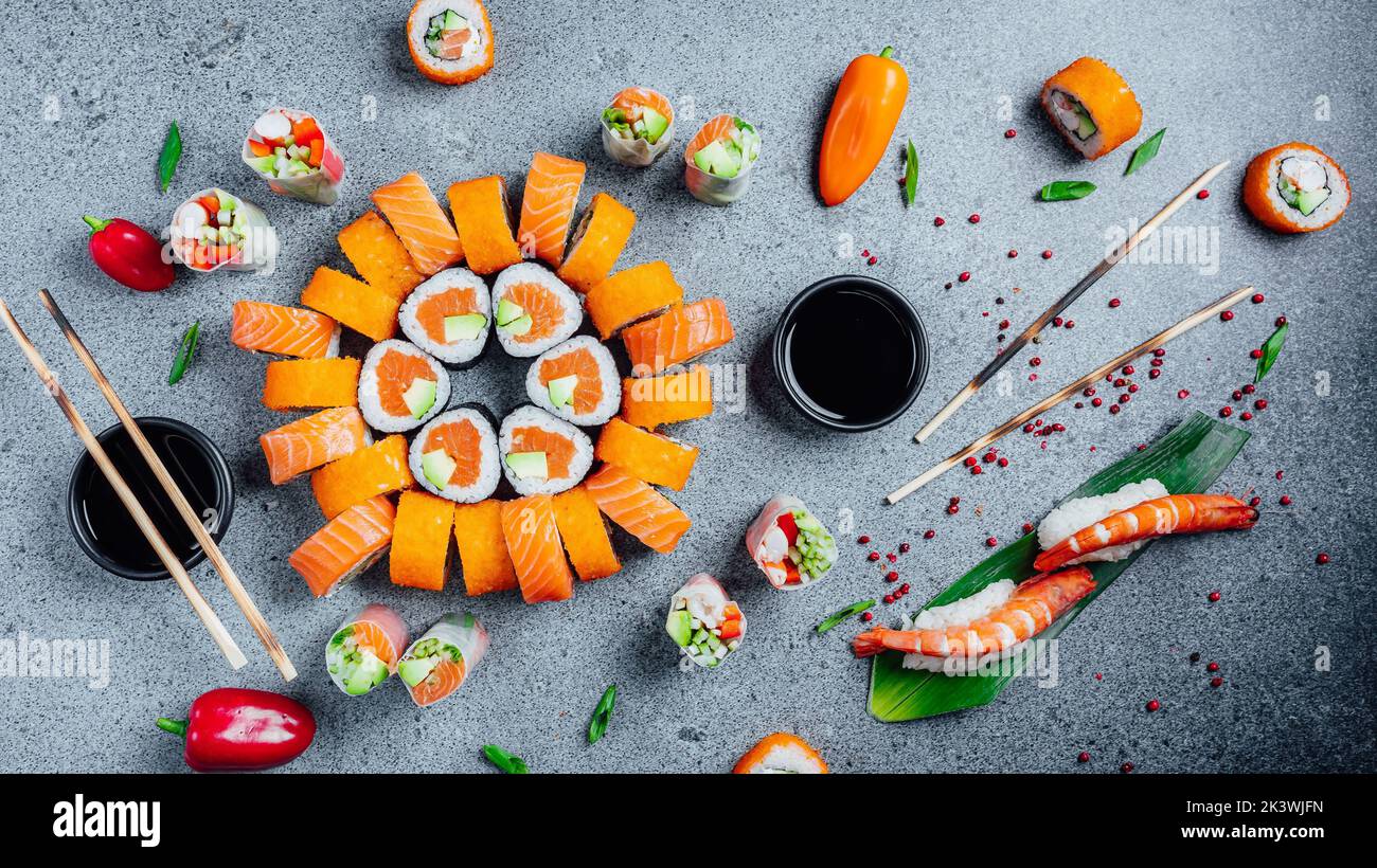 A top view of a sushi set Stock Photo - Alamy