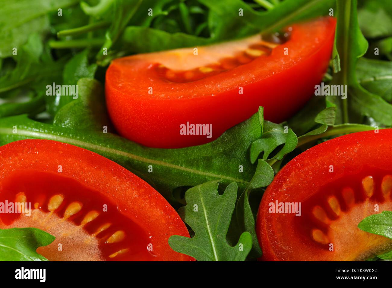 Closeup detail on bright red tomato slice and wet green arugula rocket ...