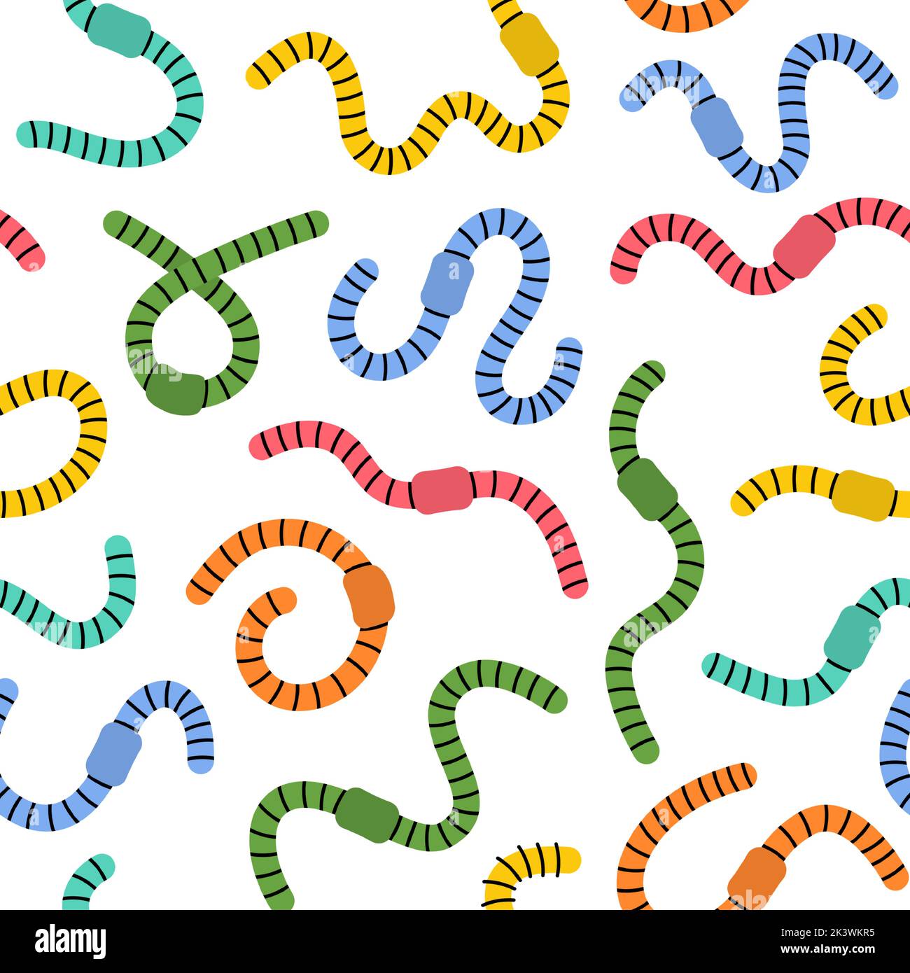 Curled earthworms seamless pattern. Colored worms background ...