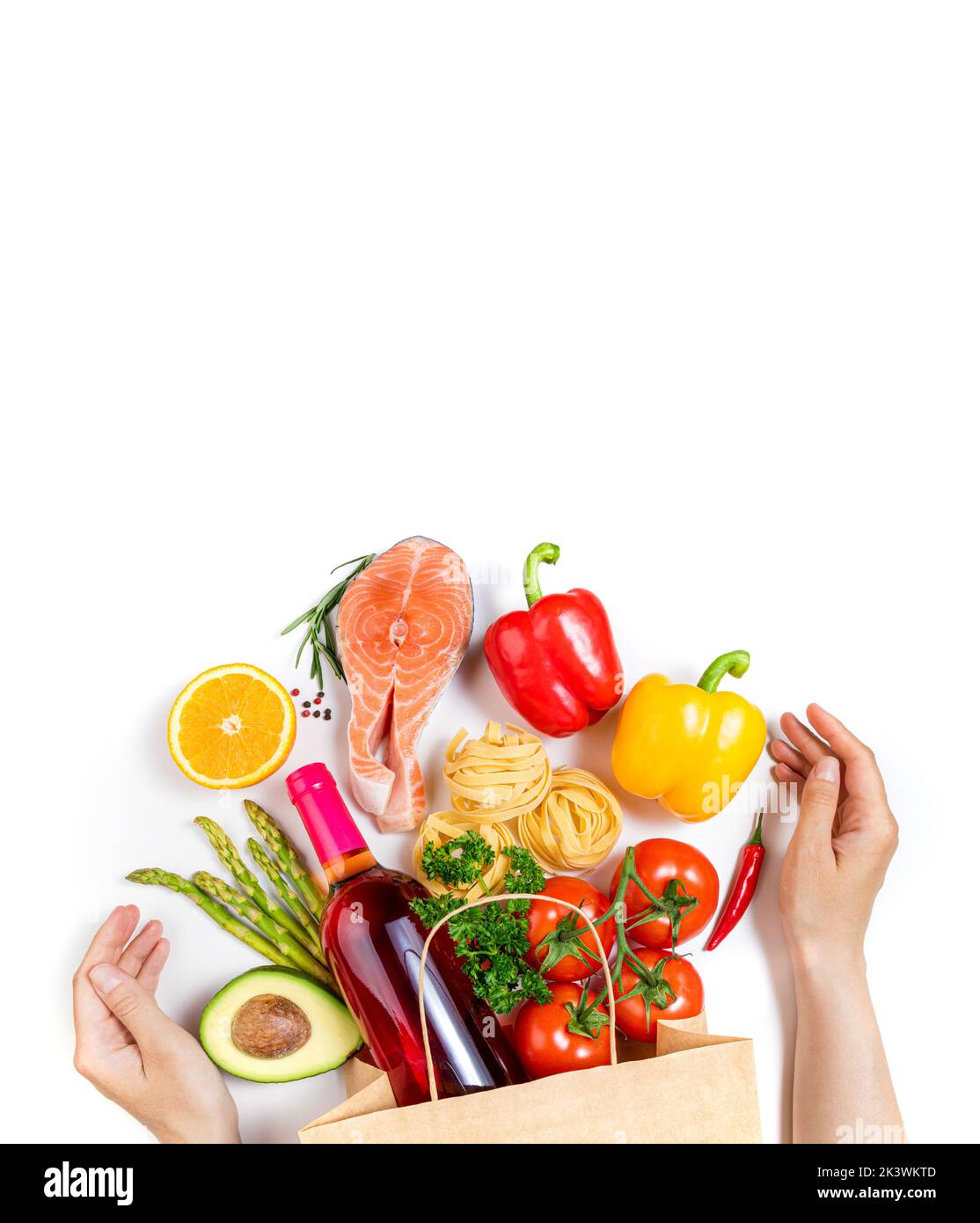 Healthy food background. Womans hands and healthy foods in paper bag ...