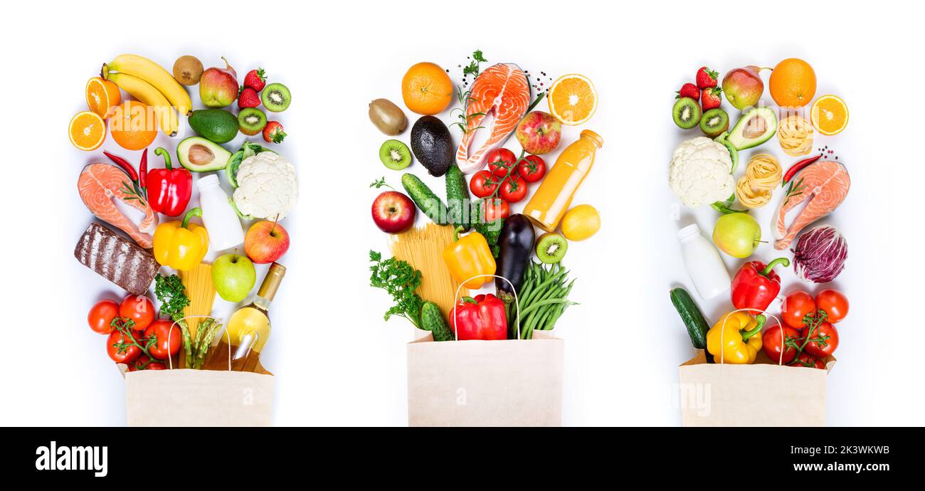 Set of healthy food background. Healthy foods in paper bag fish ...