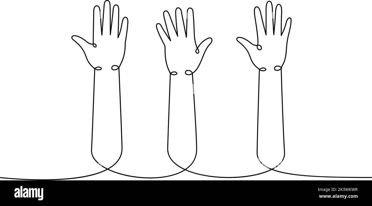 Raised hands one line continuous drawing. Voting, volunteering ...