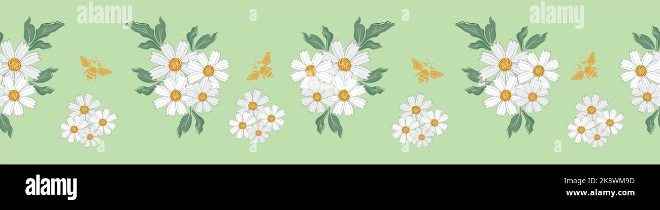 Chamomile and bees seamless vector border. Flora and fauna banner with ...