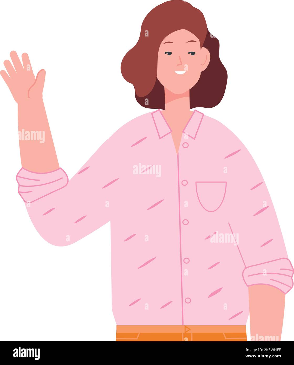 Hello gesture. Young woman waving hand. Happy student isolated on white ...