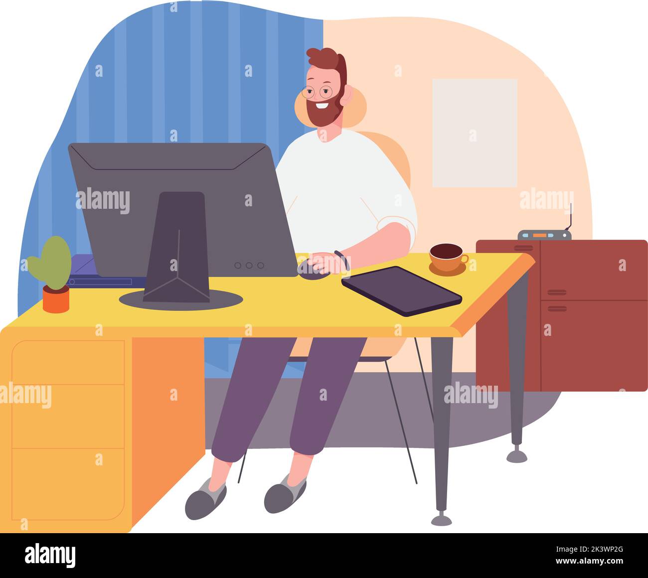 Man working on computer in cozy home interior isolated on white ...