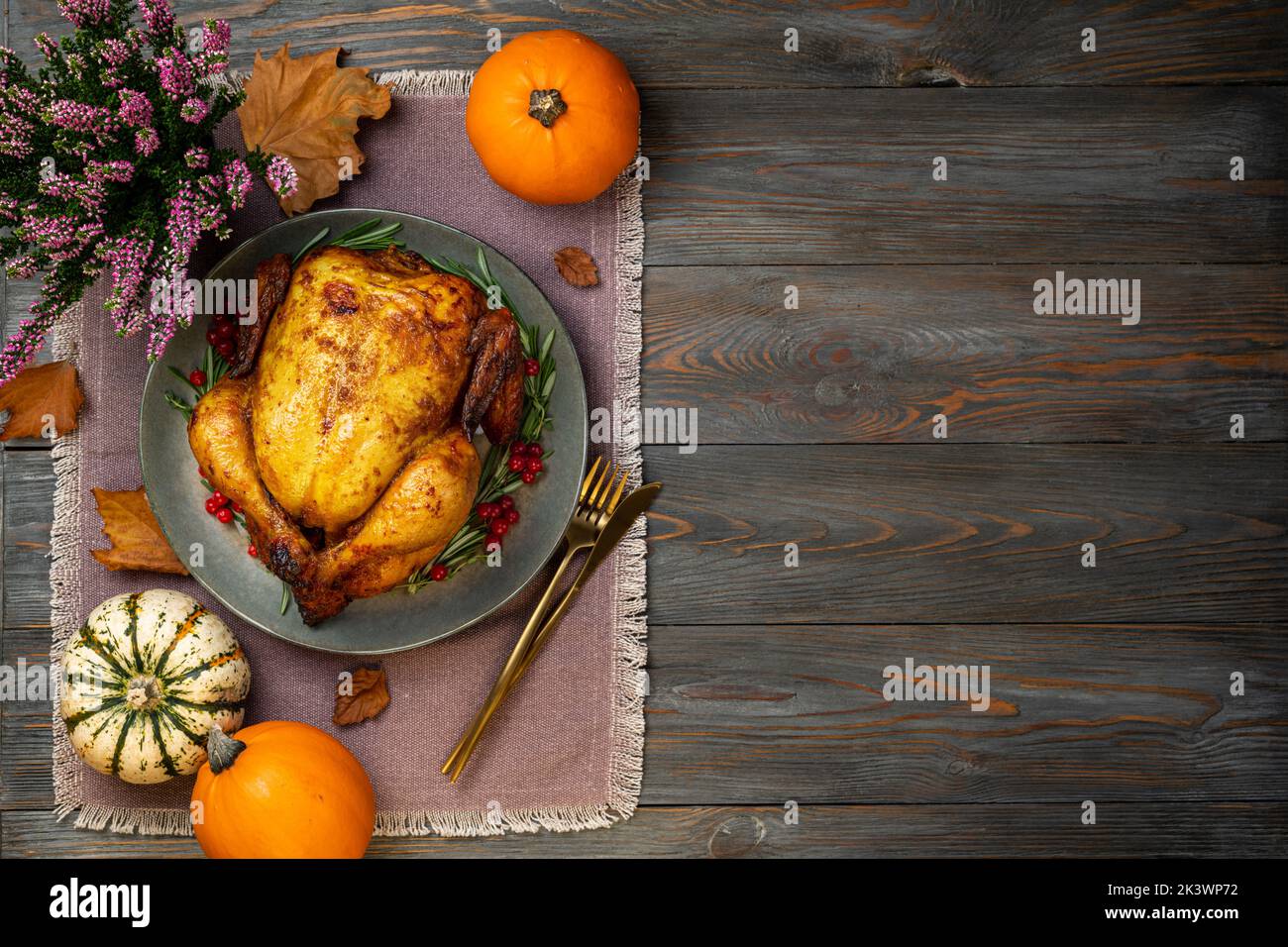 Thanksgiving Greetings. Roasted chicken or turkey for festive dinner on ...