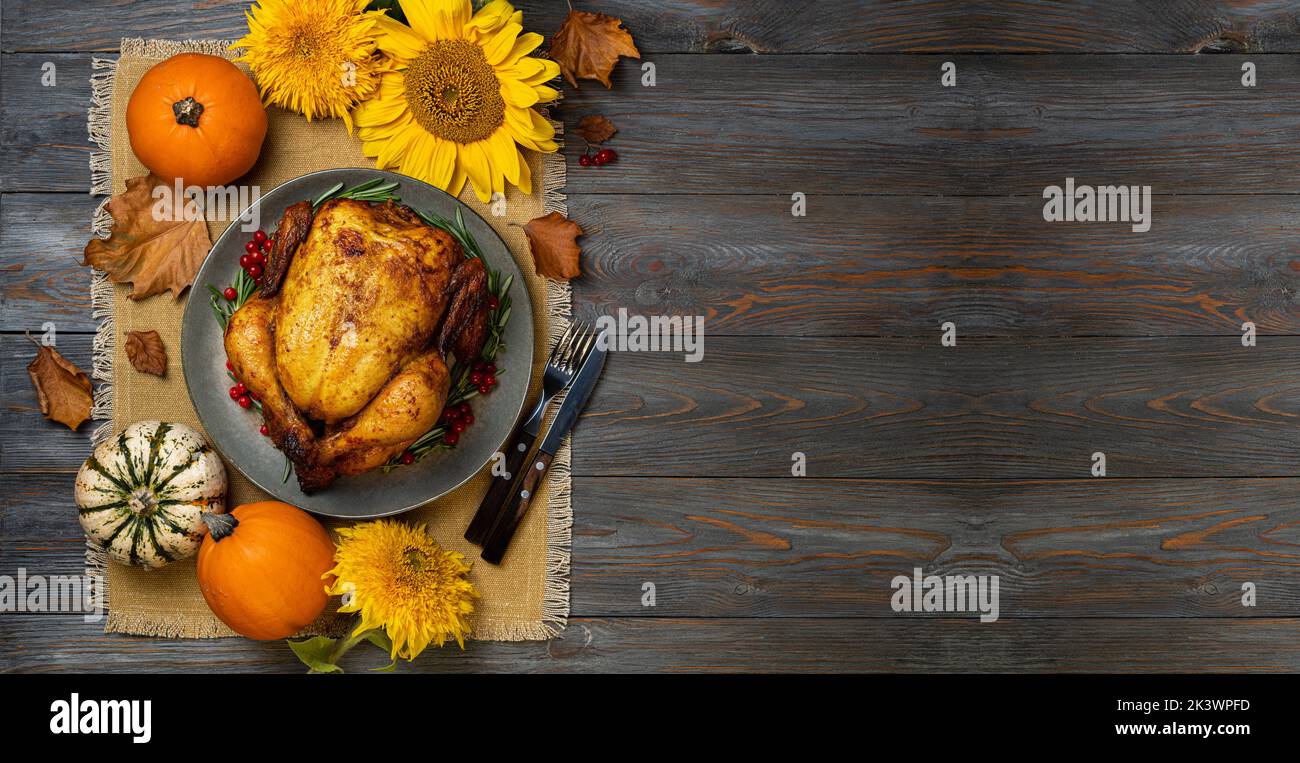 Roasted chicken or turkey for Thanksgiving Day. Baked chicken with ...