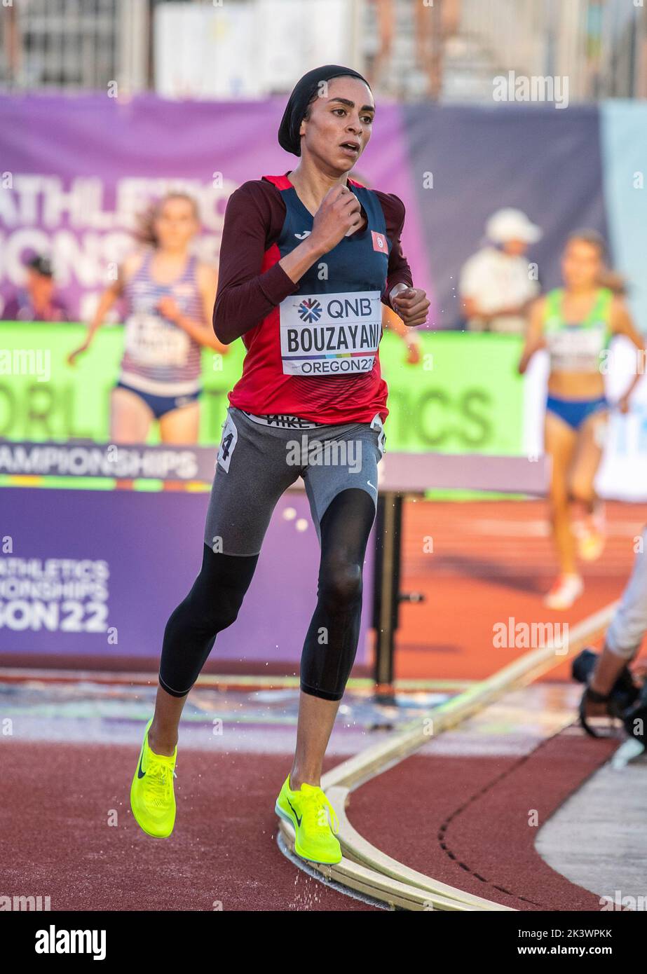 Marwa Bouzayani of Tunisia competing in the women’s 3000m steeplechase ...