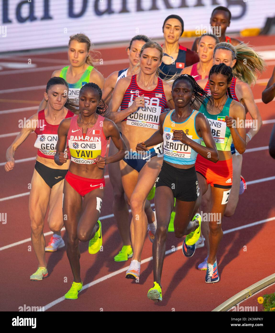 Norah Jeruto of Kazakstan and Winfred Mutile Yavi of Bahrain competing ...