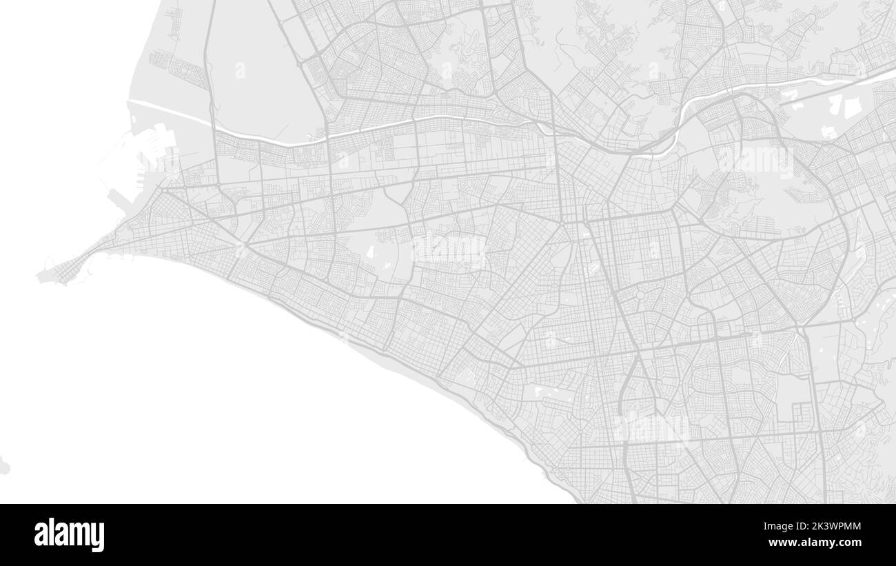 White and light grey Lima city area vector background map, roads and ...