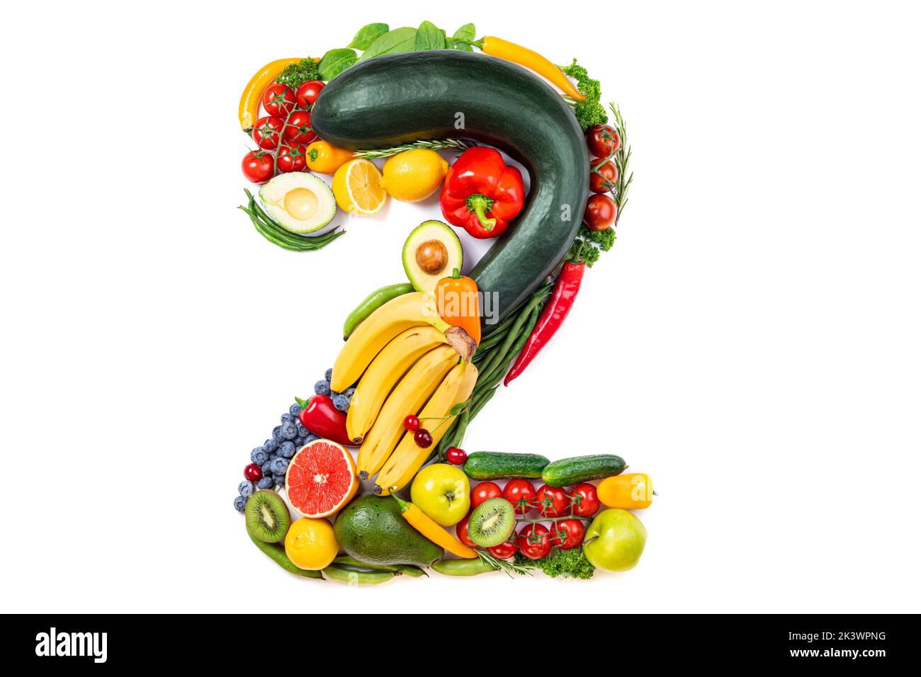 Number 2 made of healthy food. Healthy eating of vegetables and fruits ...