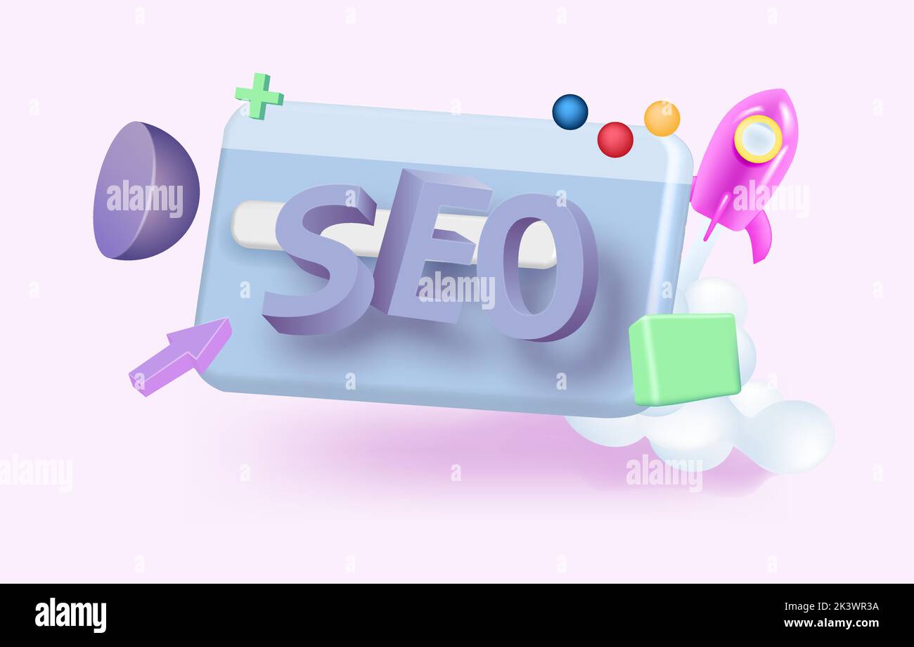 3D SEO optimization with rocket for marketing social media concept. 3 ...