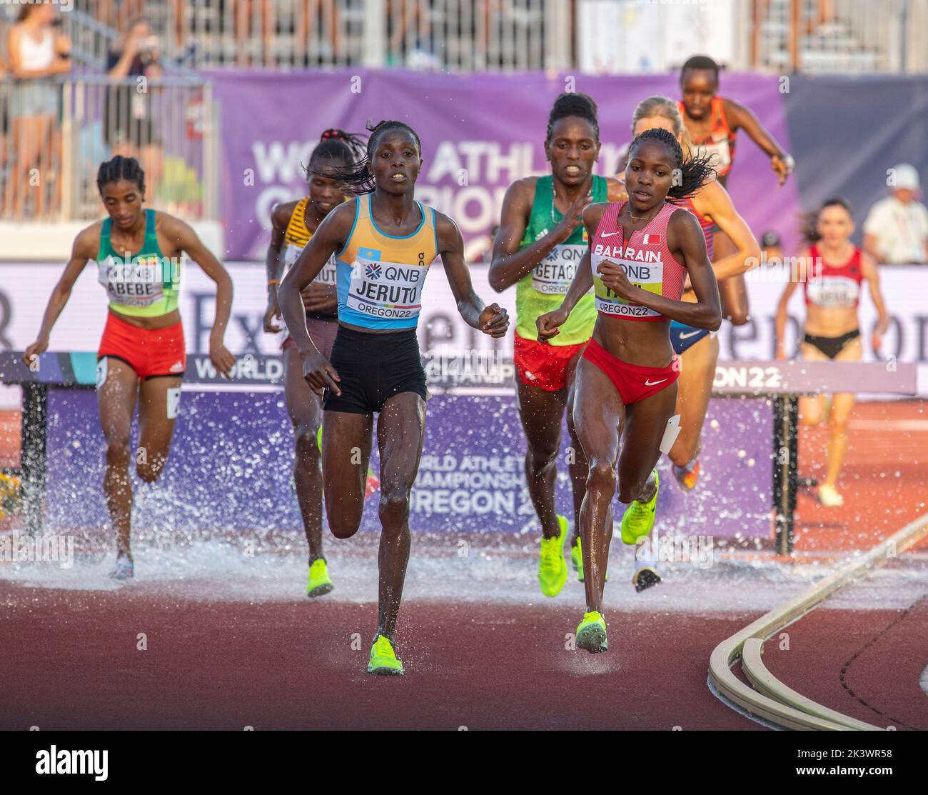 Norah Jeruto of Kazakstan and Winfred Mutile Yavi of Bahrain competing ...