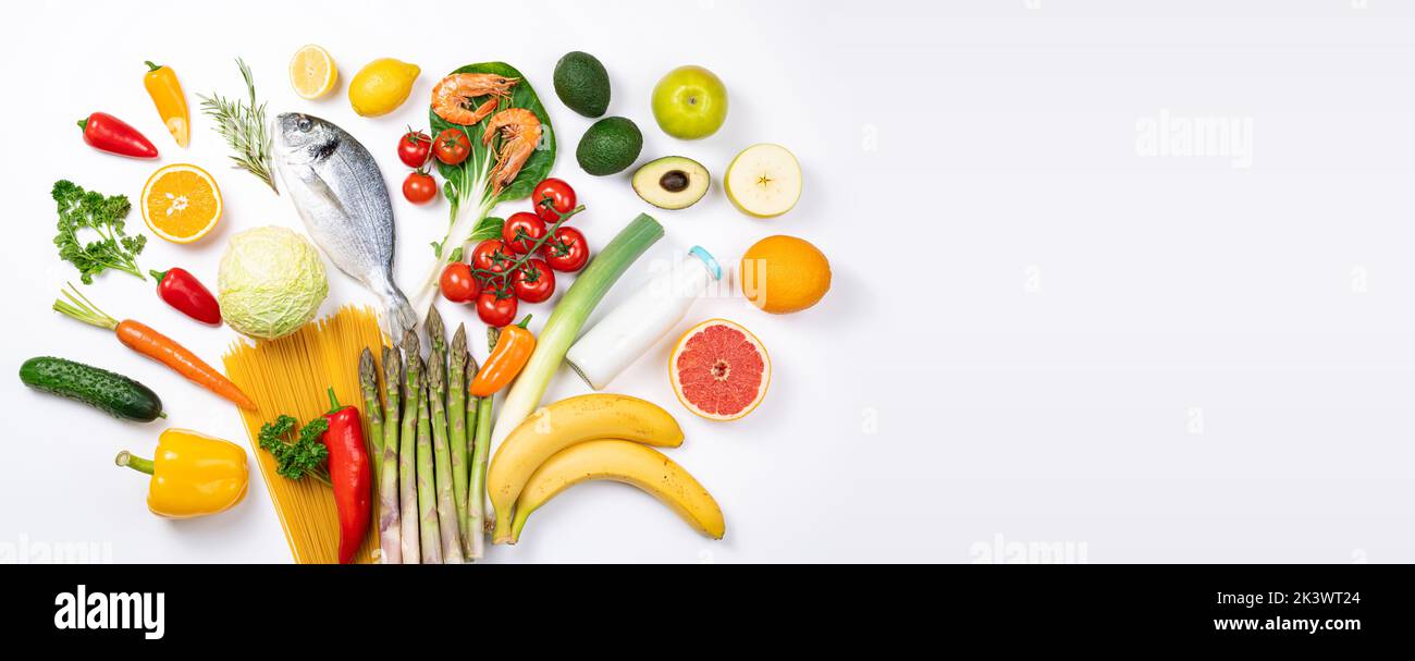 Healthy food background. Healthy food fish, shrimps, vegetables and ...