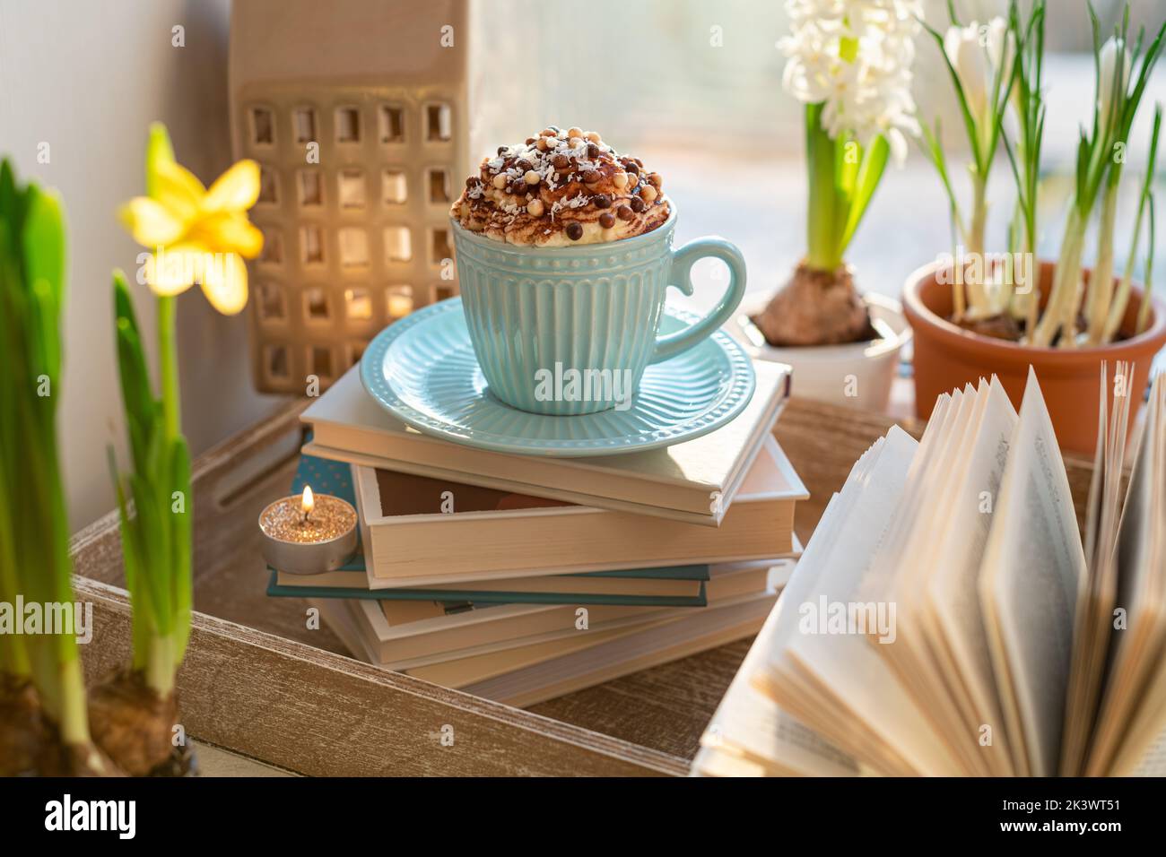 Coffee cup with whipped cream, spring flowers and open book on window ...