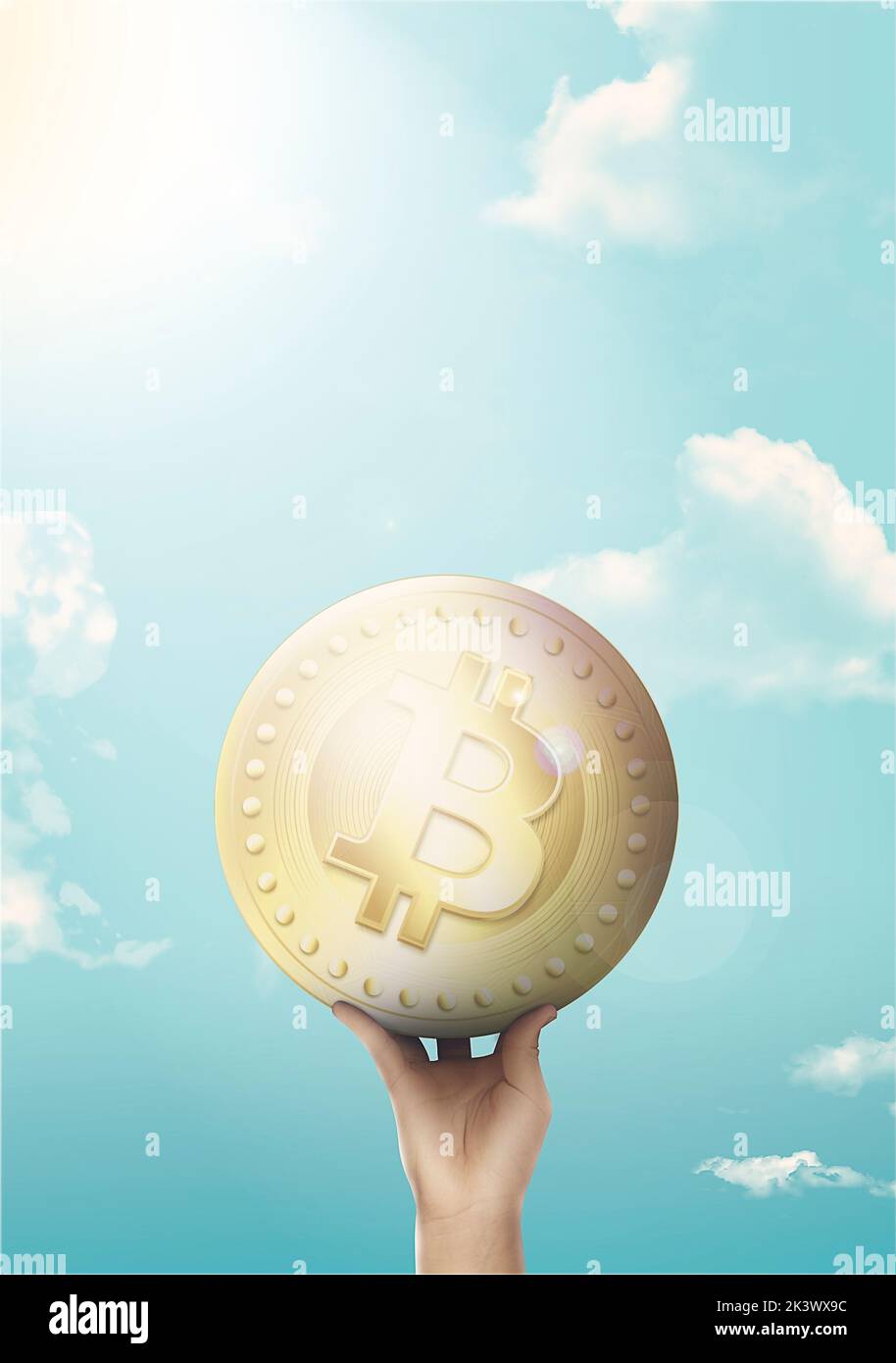 A vertical of a bitcoin cult with a hand holding it with blue sky and ...