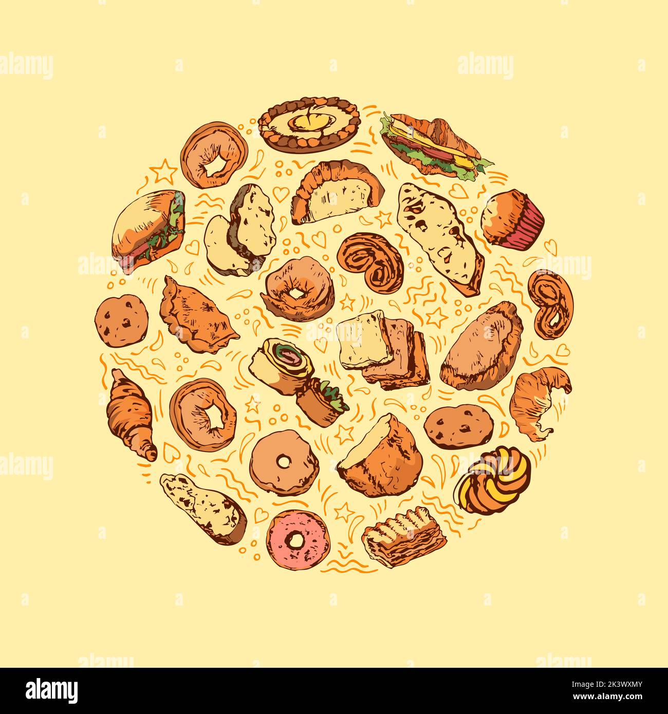 Colored hand drawn sketch of bread and bakery goods. Set of clipart ...