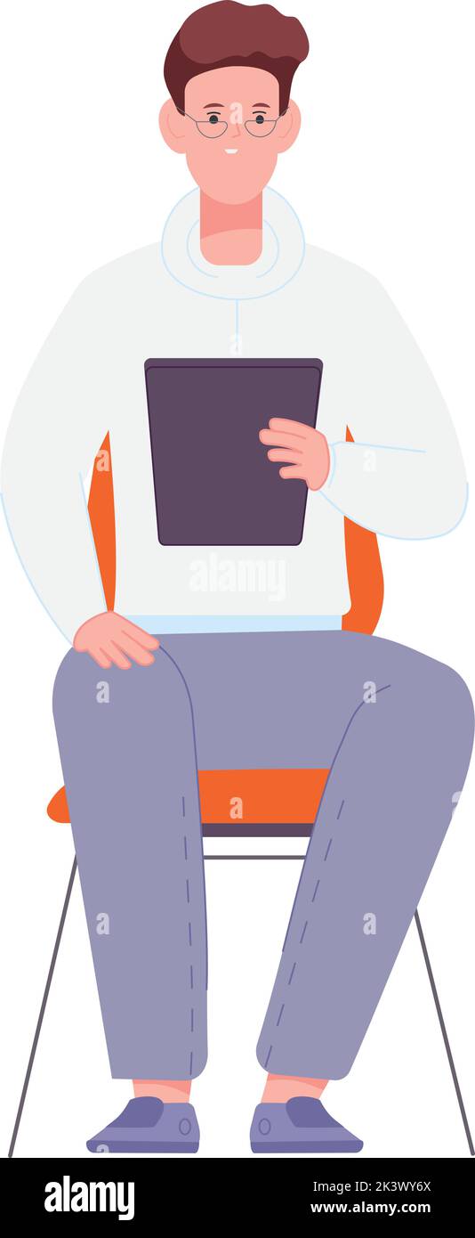 Man looking on tablet screen. Boring person waiting isolated on white ...