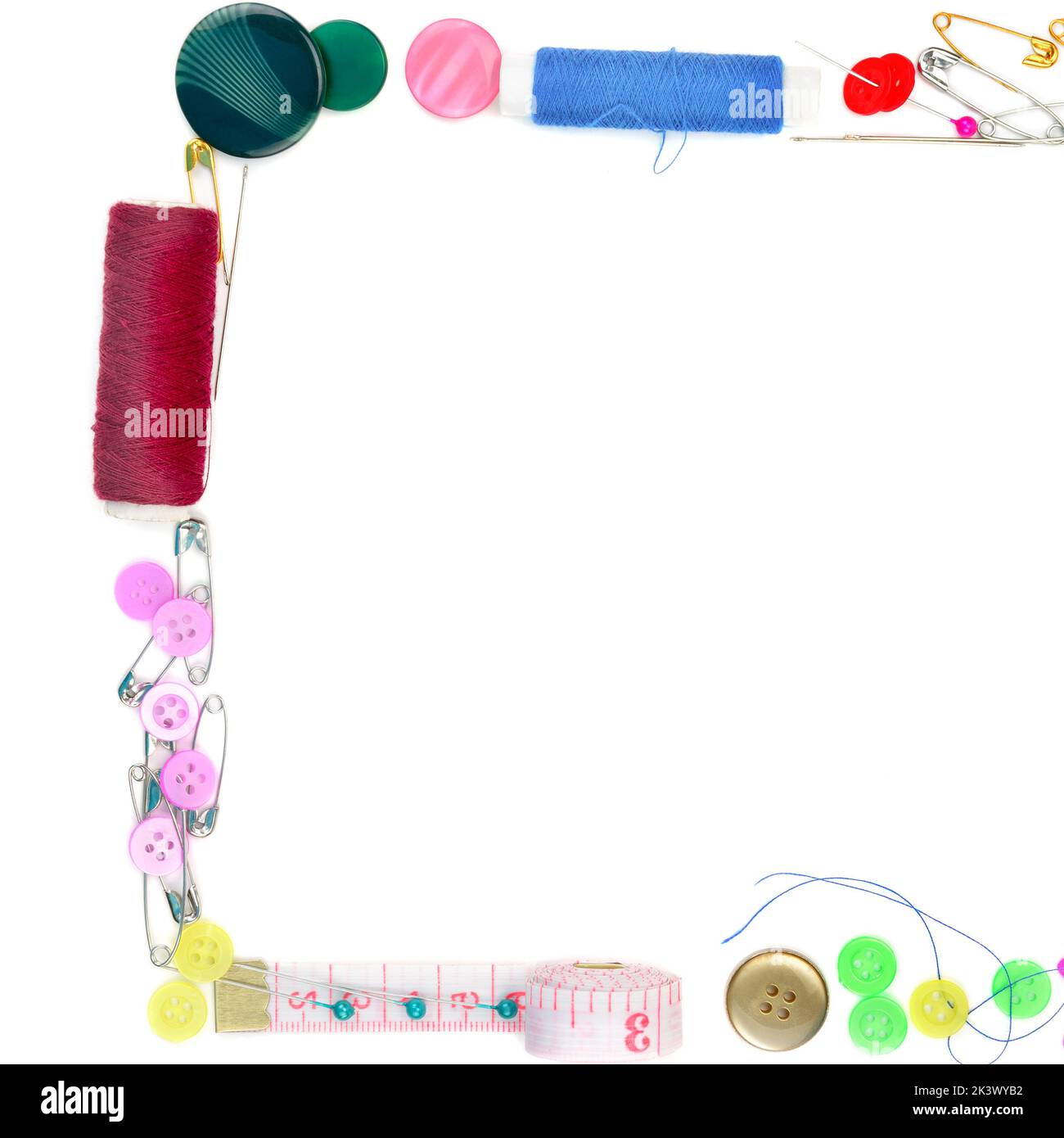 Sewing accessories isolated on white background. Colorful frame of ...