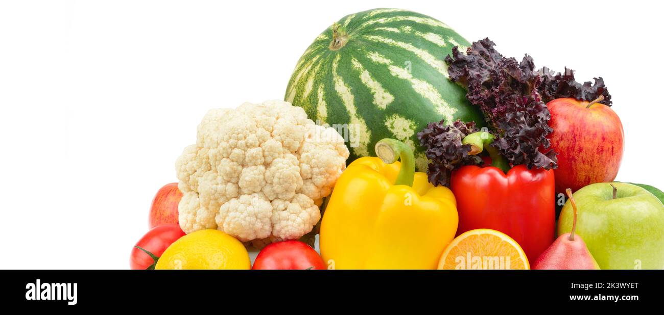 Fruits and vegetables isolated on white background. Healthy food. Wide ...