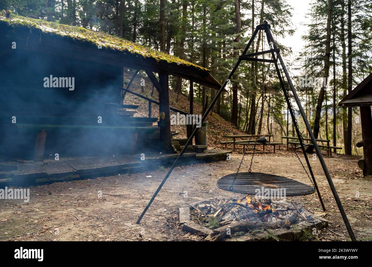 Bonfire at a rural farm setting in a middle of a forest against ...