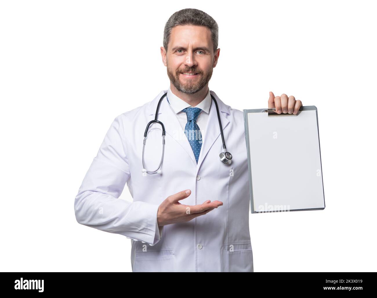 happy doctor showing clinical record. doctor isolated on white with ...