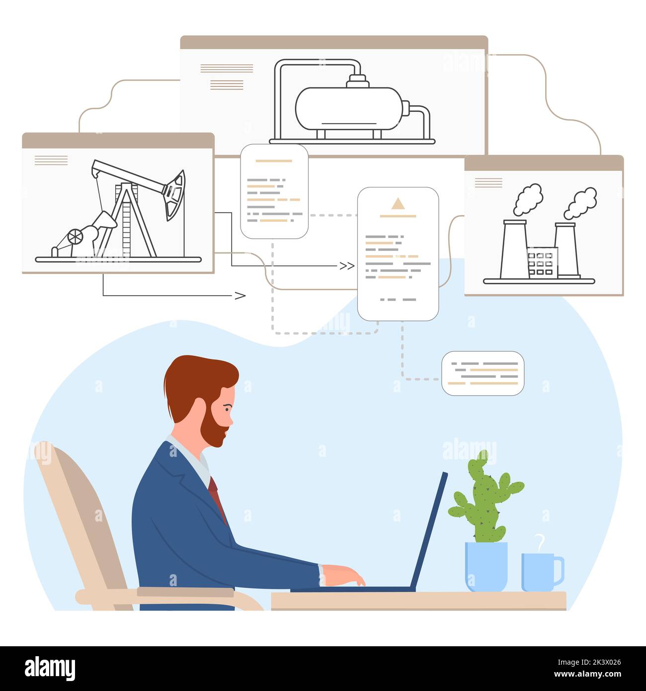 Vector illustration Man working at computer. Global Logistics service ...