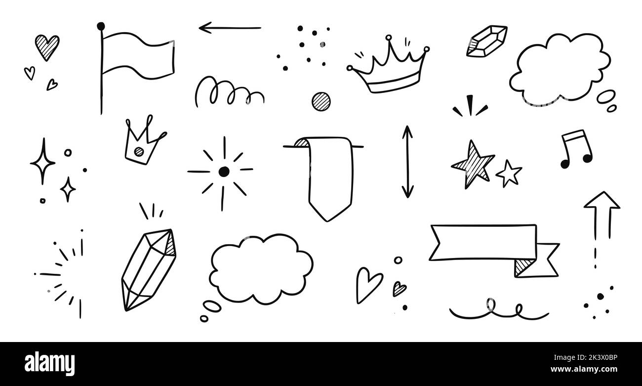 Line frame, sparkle, ribbon hand drawn doodle element set. Party ...
