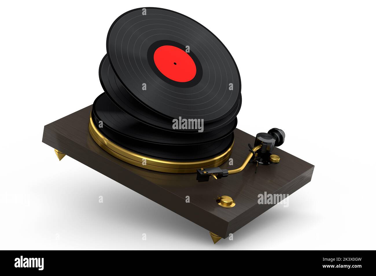 Vinyl record player or DJ turntable with flying vinyl plate on white ...