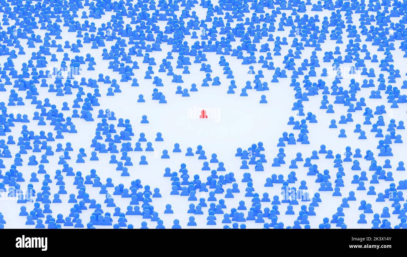Abstract person in red is standing in the middle of a blue crowd ...