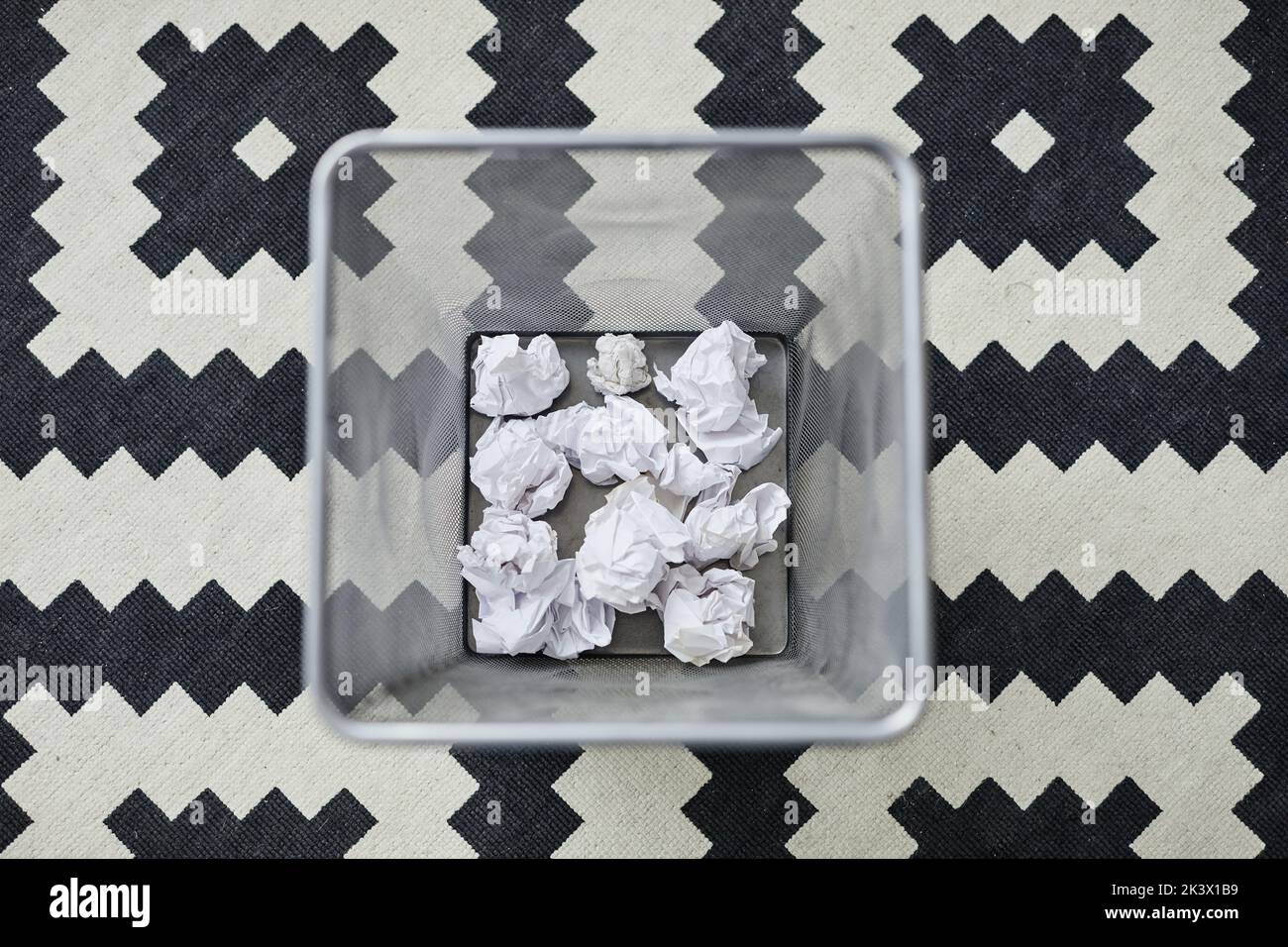 Graphic top view of crumpled paper balls in trashcan, failed ideas and ...