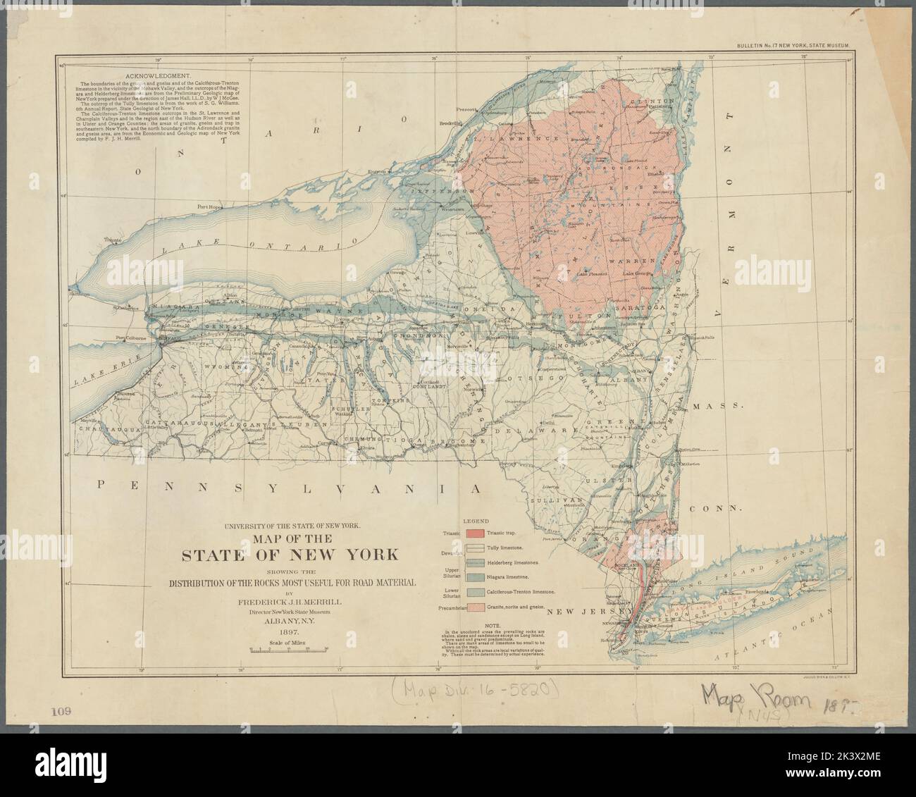 Map of the State of New York: showing the distribution of the rocks ...