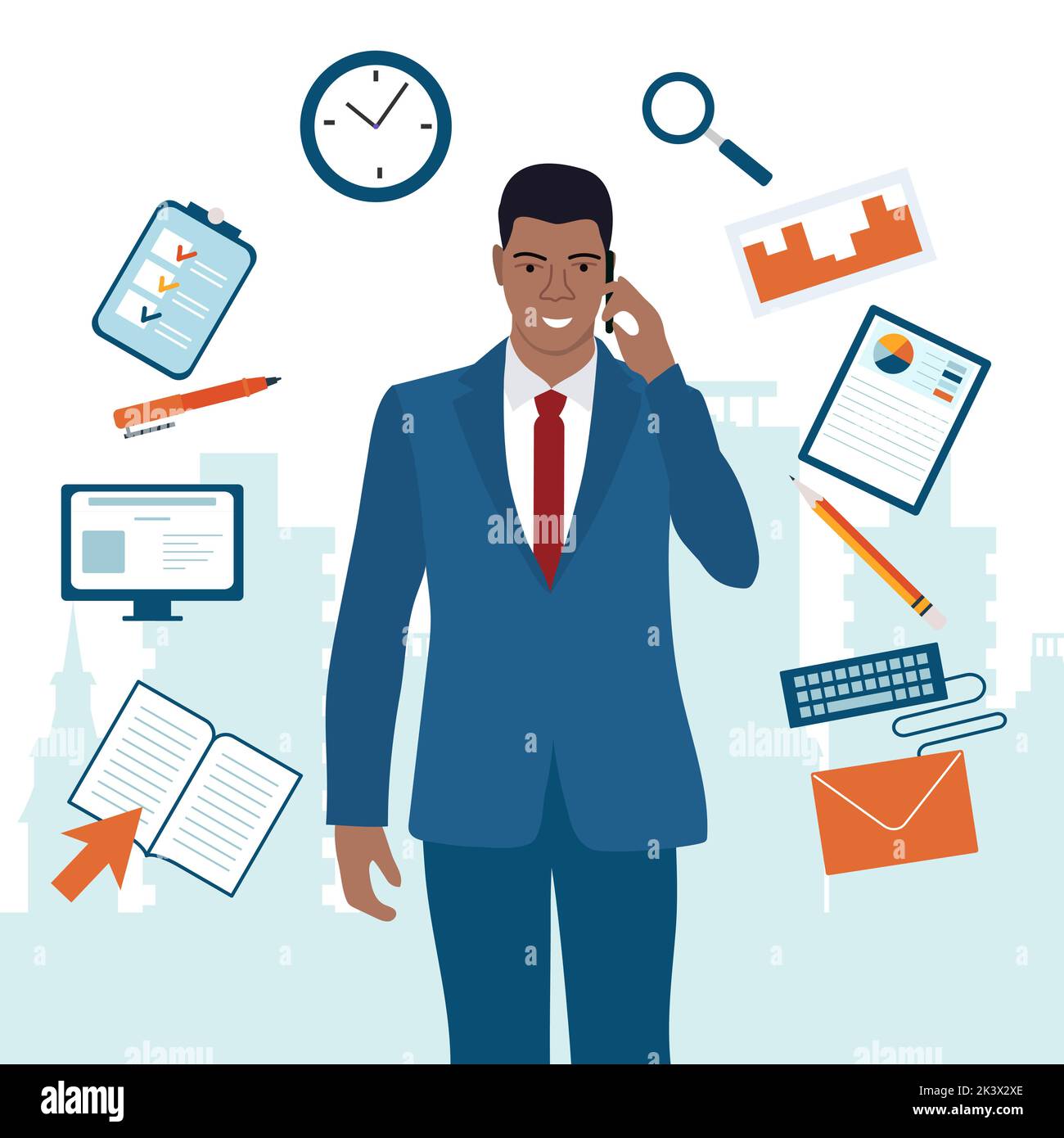 Vector illustration Man uses applications on cell phone for work ...