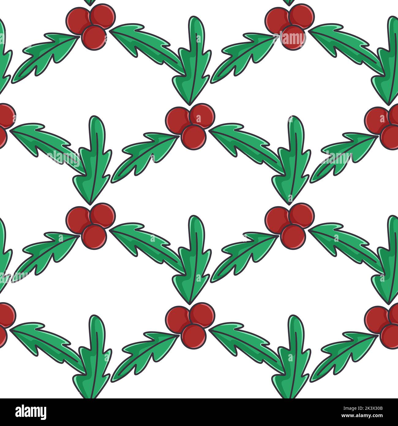 Holly and berries cartoon seamless pattern. Festive traditional ...