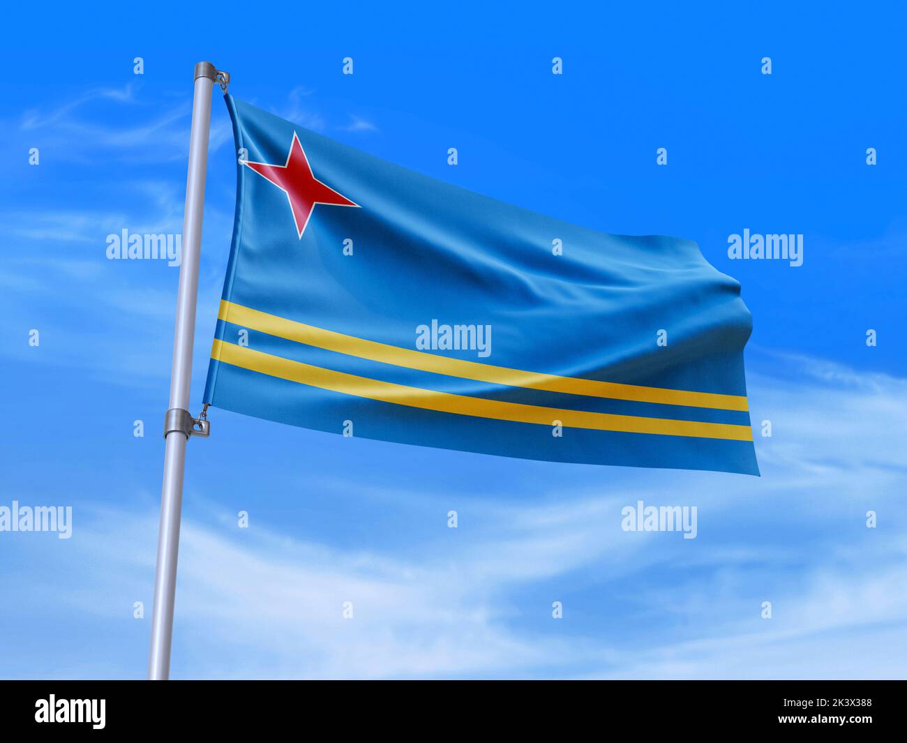 Beautiful Aruba flag waving in the wind with sky background - 3D ...
